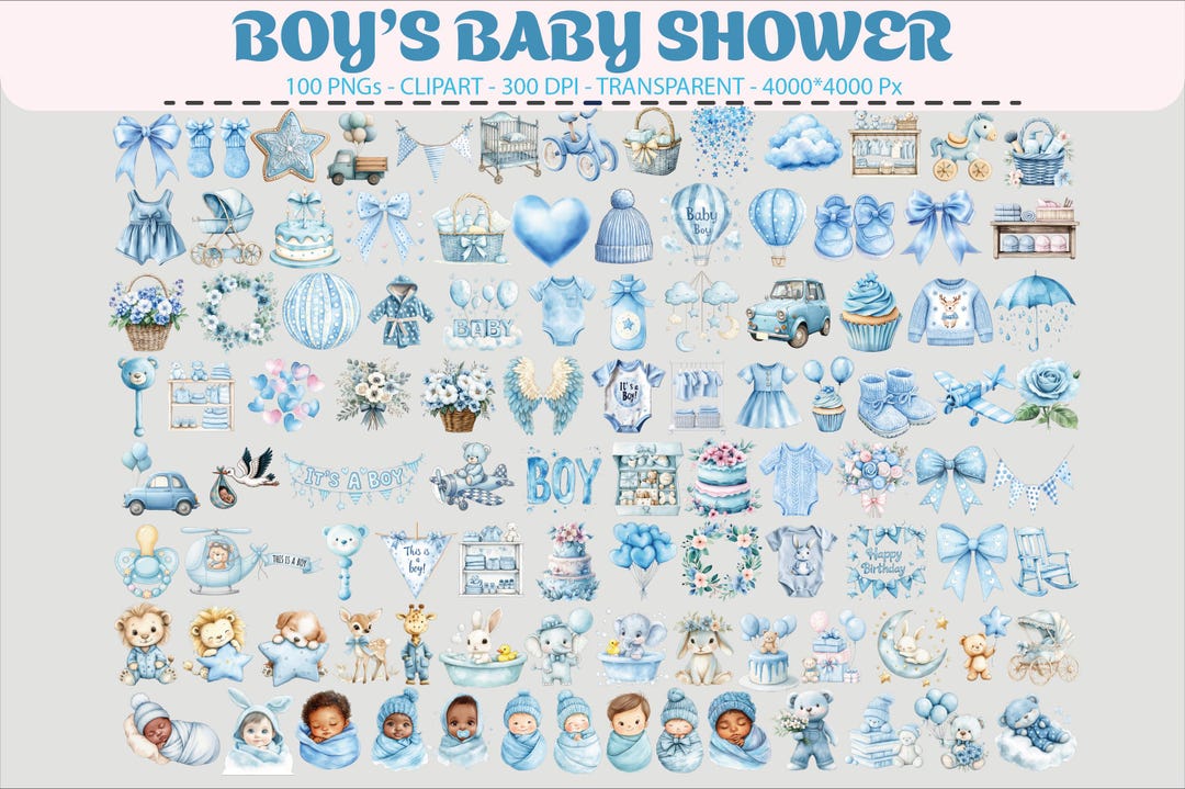 Boy’s Baby Shower Clipart Bundle – 100 Blue Watercolor Pngs (digital ...