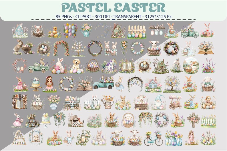 Pastel Easter Clipart Bundle: Bunnies, Eggs, Cottages (85 PNG) - Etsy