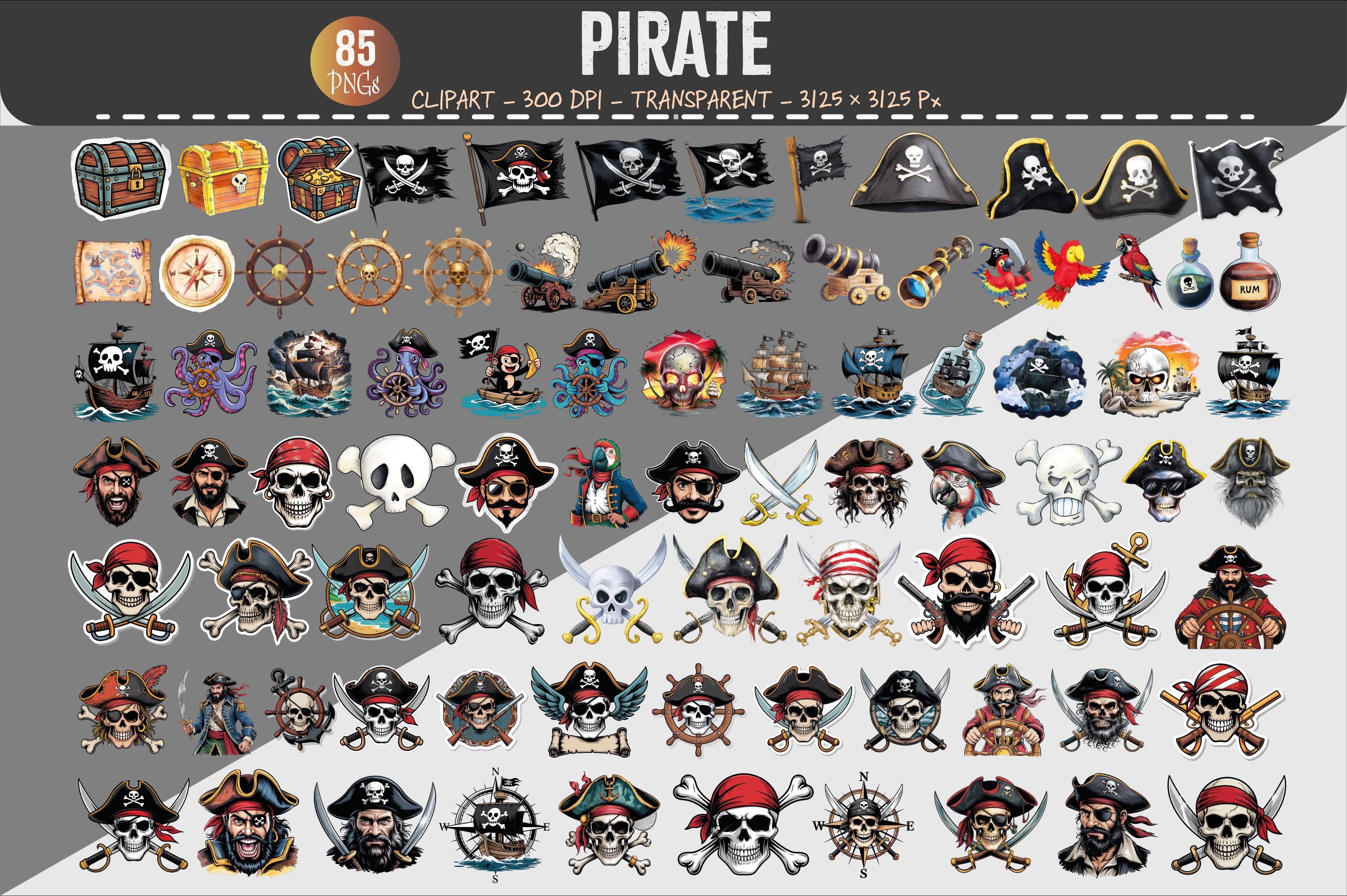 Pirate Clipart Bundle Skull Pirate PNG Set Nautical Adventure ...