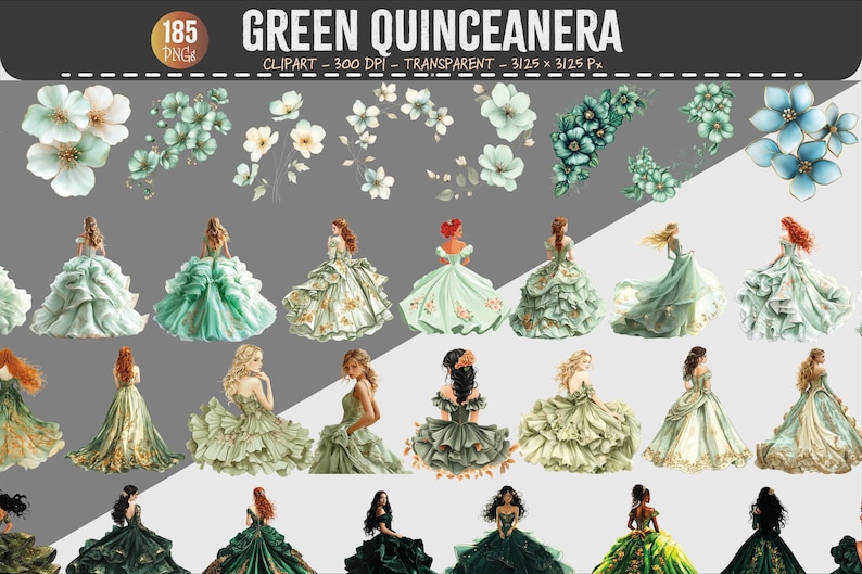 Green Quinceañera Clipart Bundle Emerald Dresses PNG Set Floral Crown ...