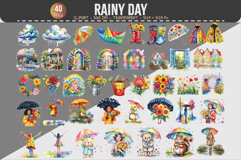 Rainy Day Watercolor Clipart Bundle Flowers Umbrellas Kids PNG Set - Etsy