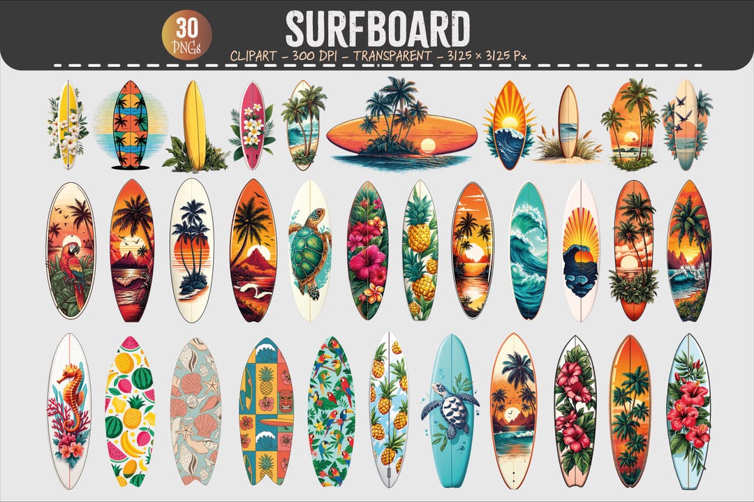 Surfboard Clipart Bundle | 30 PNG | Tropical Beach Boards & Summer ...