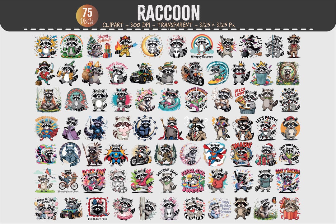 Raccoon Clipart Bundle | 75 PNG Set | 300 DPI Transparent Digital ...