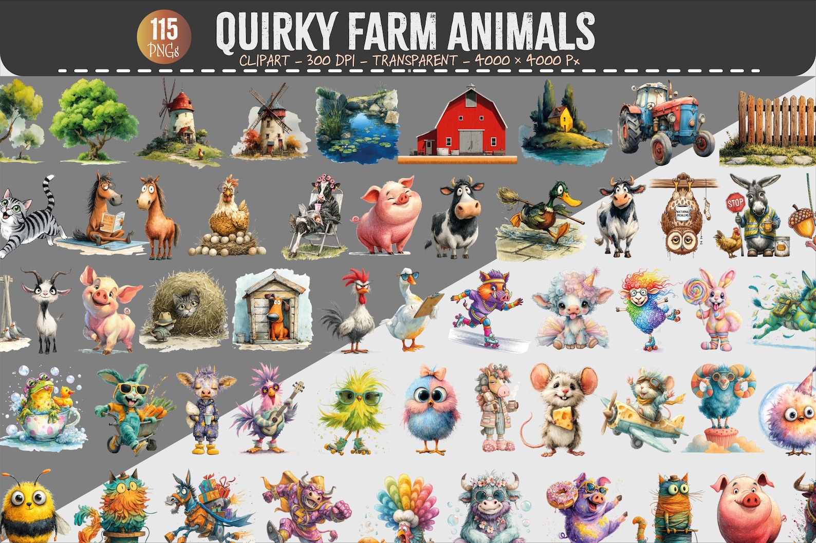 Quirky Farm Animals Clipart Bundle Funny Farm PNG Set Colorful Animal ...