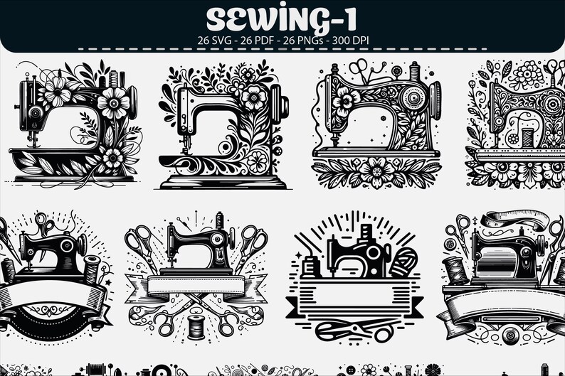 Vintage Sewing Machine Clipart: Engraving Style Designs (SVG, PNG, PDF ...
