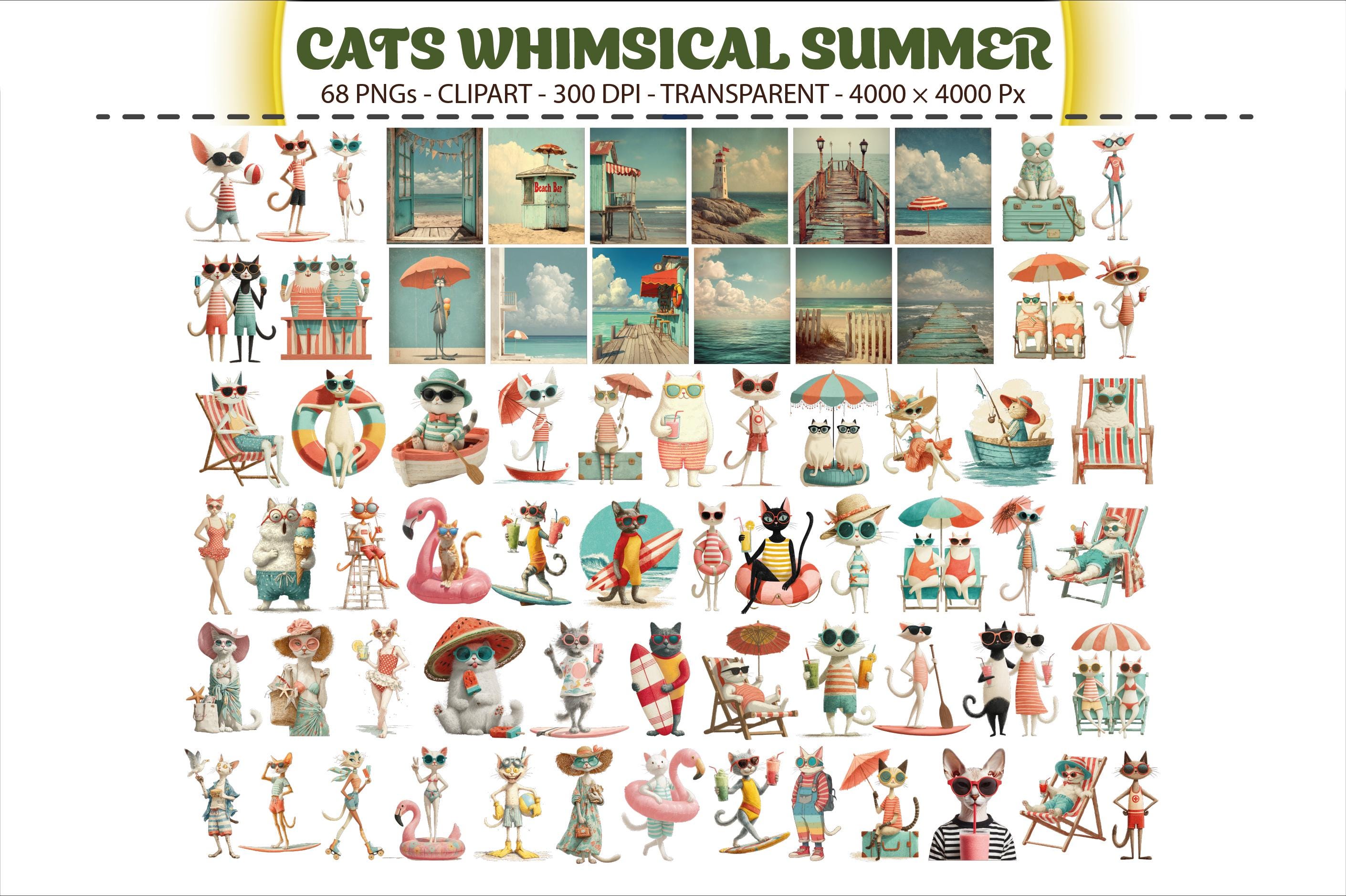 Cats Whimsical Summer Clipart Set | 68 PNG Beach Vacation Cats | 300 ...
