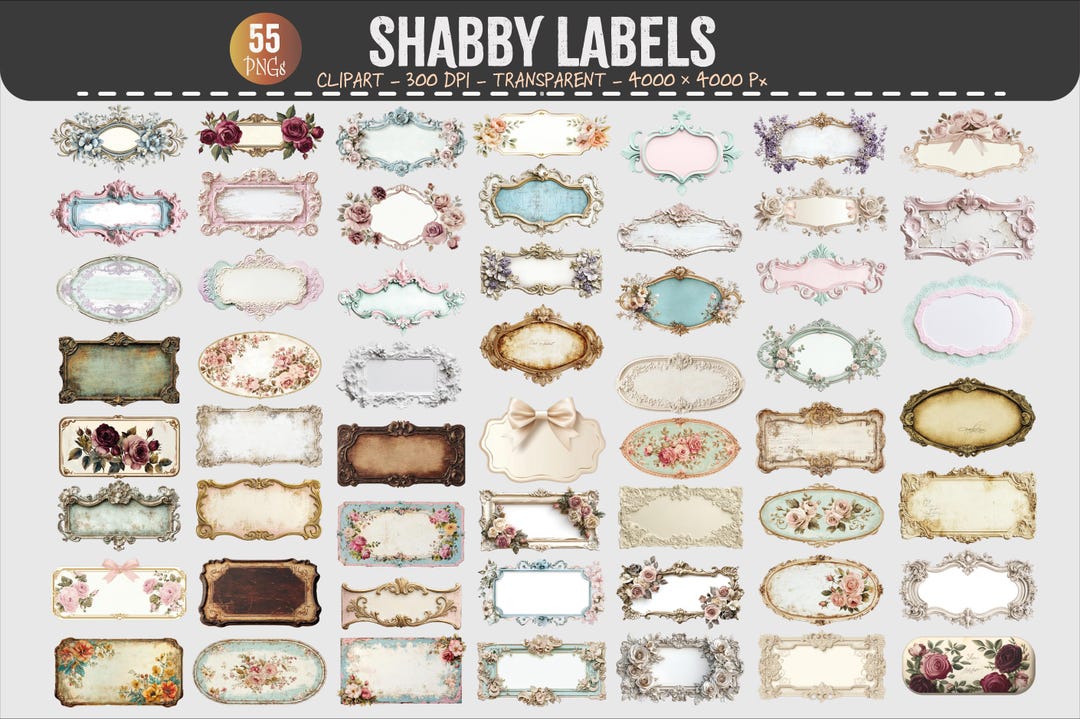 Vintage Floral Labels Clipart | Shabby Chic Frames (55 Pngs) - Etsy