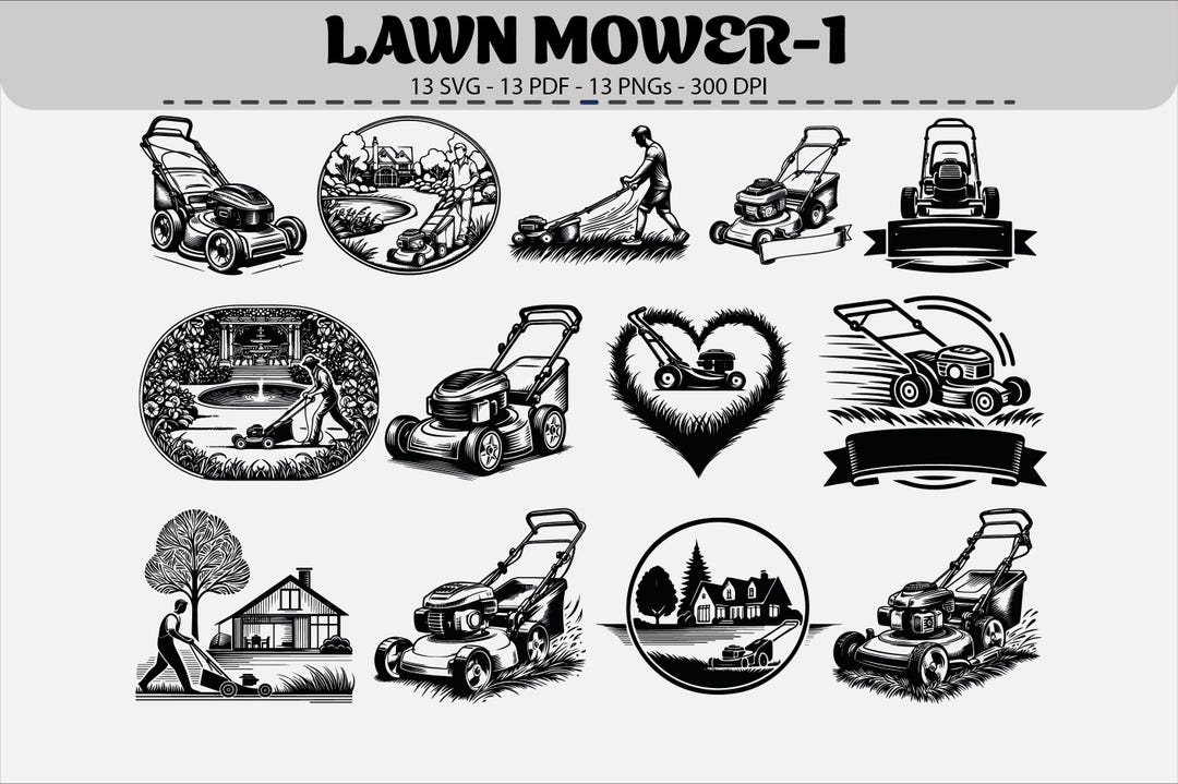 Lawn Mower Vector Clipart Set: Landscaping Illustrations (SVG, PNG, PDF ...