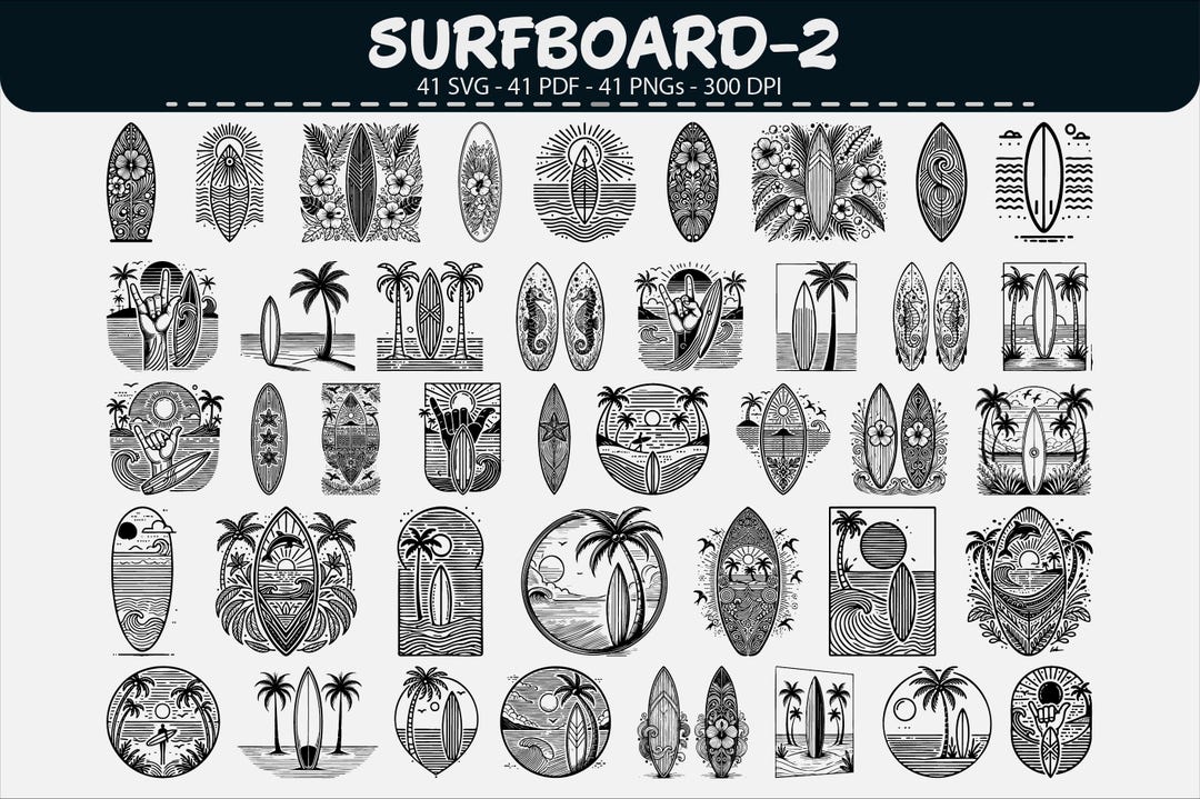 Surfboard Vector Illustration Bundle SVG PNG PDF Vintage Line Art - Etsy
