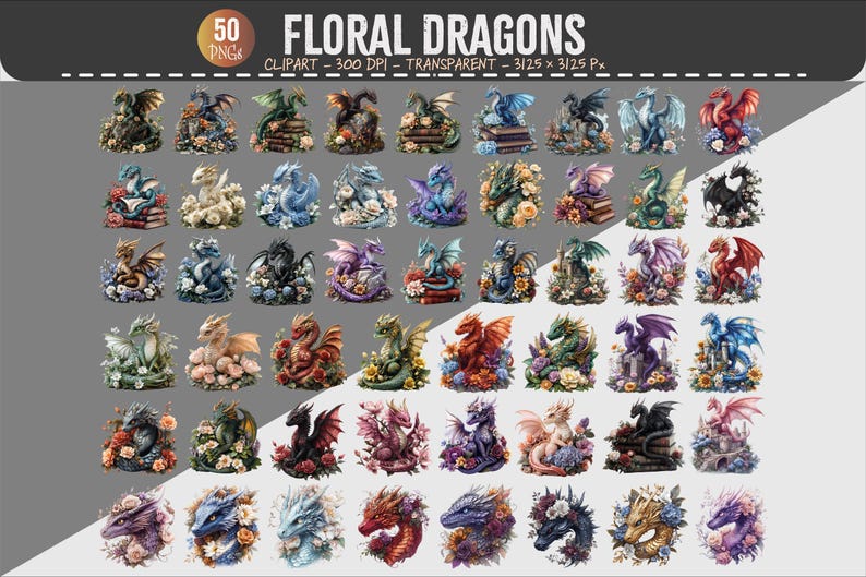 Floral Dragon Clipart Bundle Fantasy Dragons PNG Set Botanical Mythical ...
