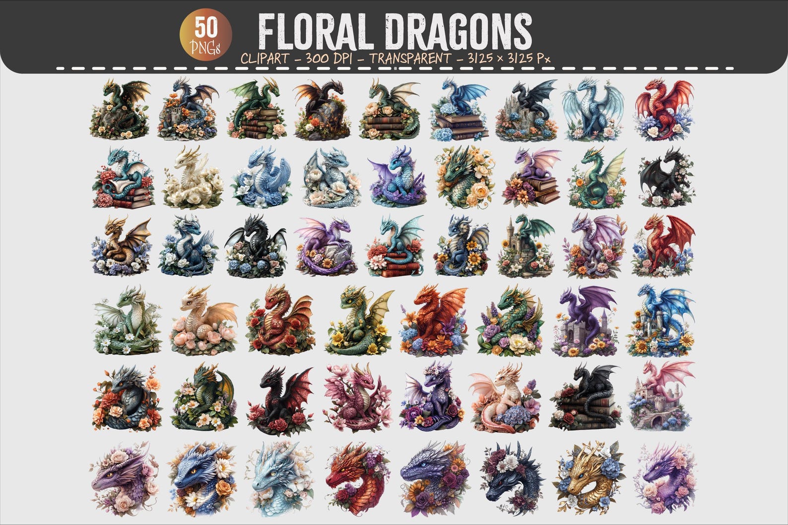 Floral Dragon Clipart Bundle Fantasy Dragons PNG Set Botanical Mythical ...