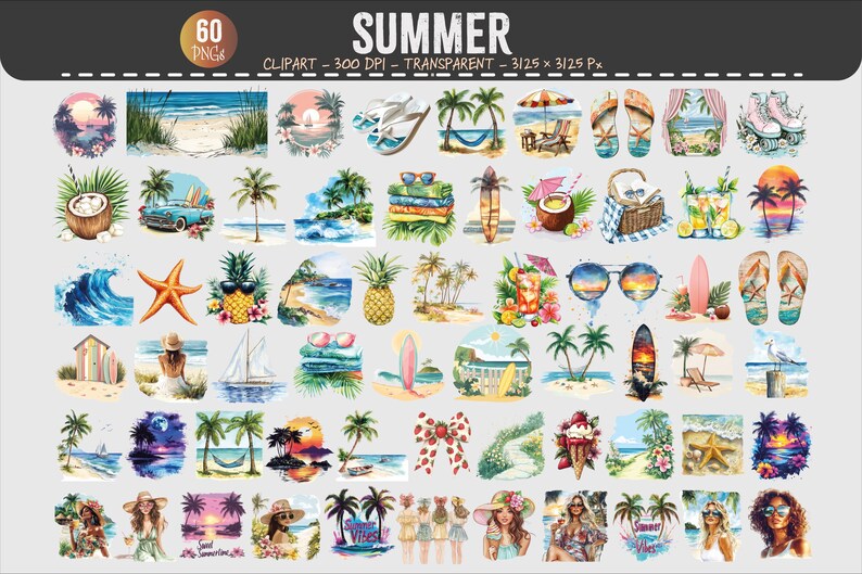 Summer Beach Clipart Bundle Tropical Vacation PNG Set - Etsy
