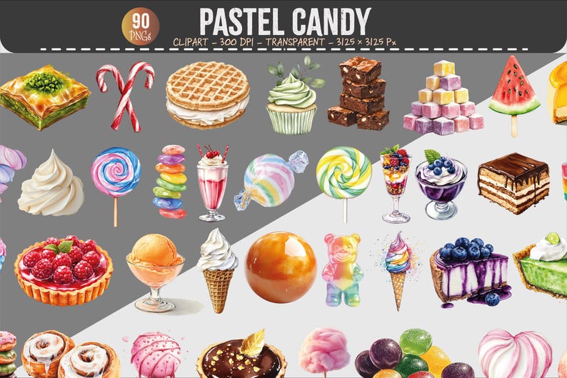 Pastel Candy Clipart Bundle | 90 PNG | Sweets Desserts Treats Food Set ...