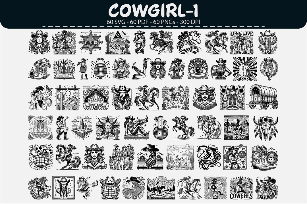 Cowgirl Western Vintage Clipart Bundle SVG PNG PDF Set - Etsy