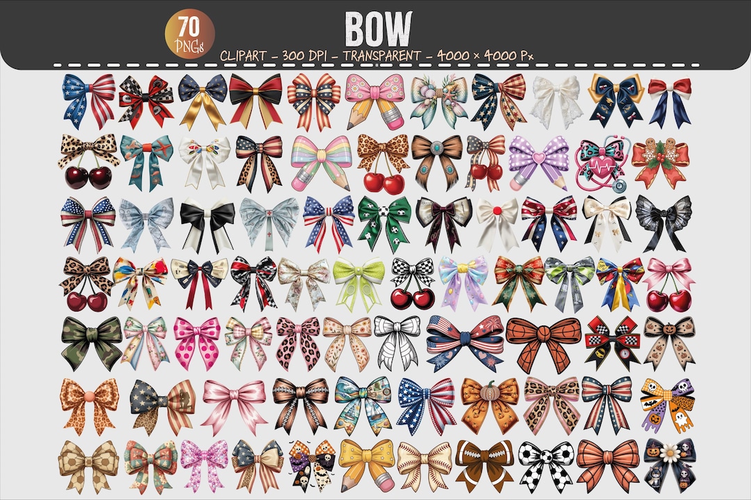 Bow Clipart Bundle | 70 Pngs | Fashion Ribbons, Patterned Bows ...
