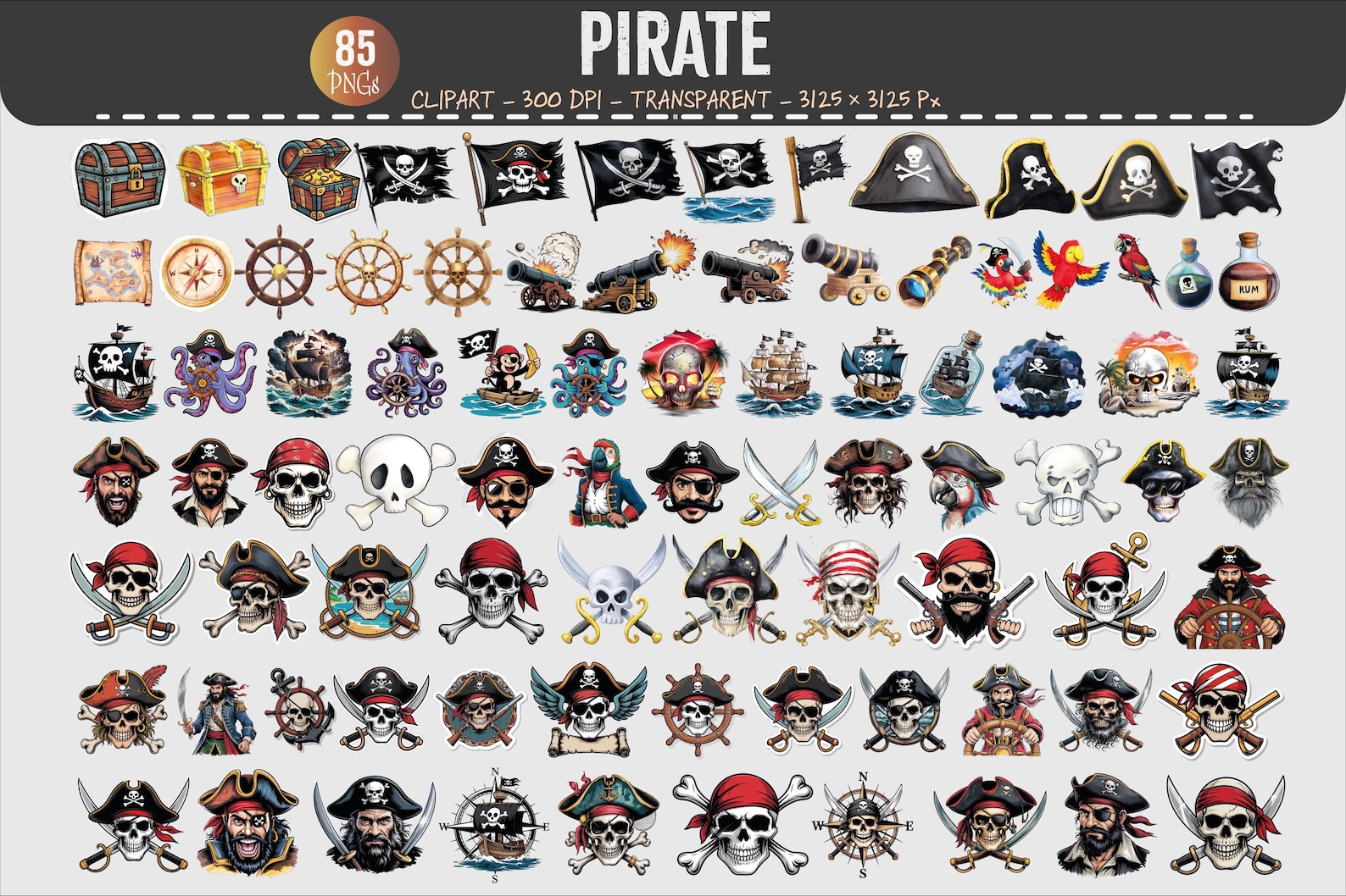 Pirate Clipart Bundle Skull Pirate PNG Set Nautical Adventure ...