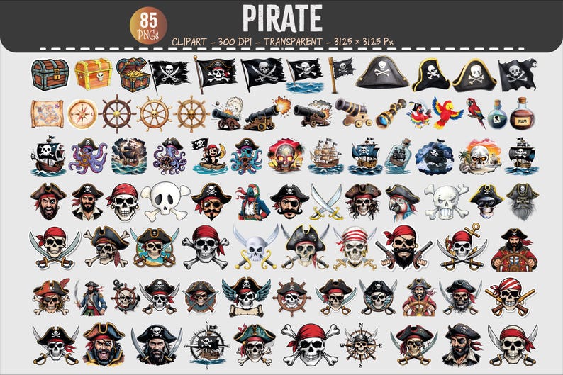 Pirate Clipart Bundle Skull Pirate PNG Set Nautical Adventure ...