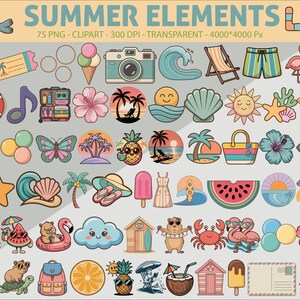 Summer Elements Clipart Bundle Beach Vacation PNG Set 300 DPI - Etsy