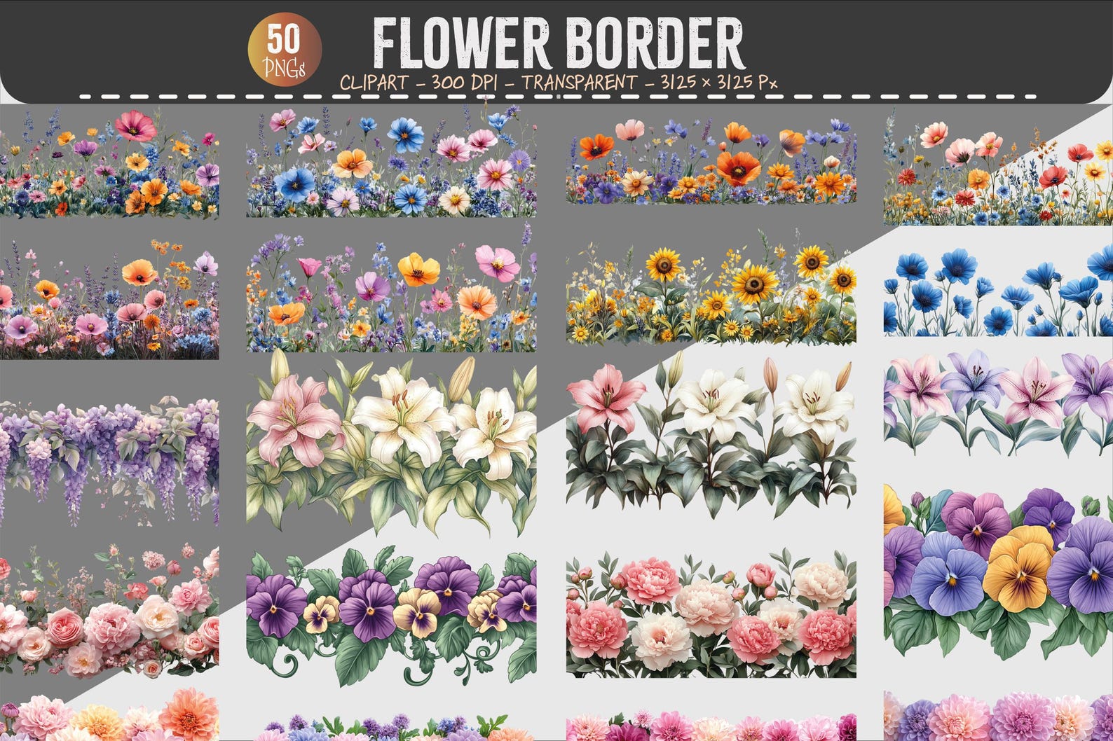Watercolor Flower Border Clipart Set | Floral PNG Bundle (digital ...