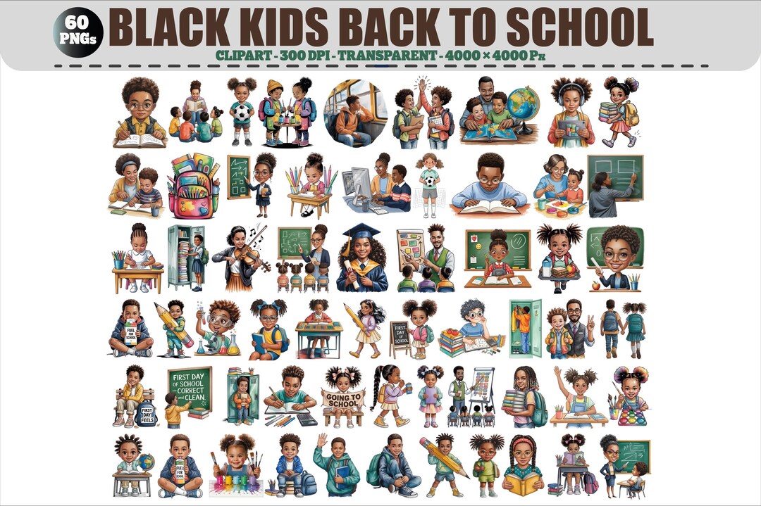 Black Kids Back to School Clipart Bundle PNG Set - Etsy