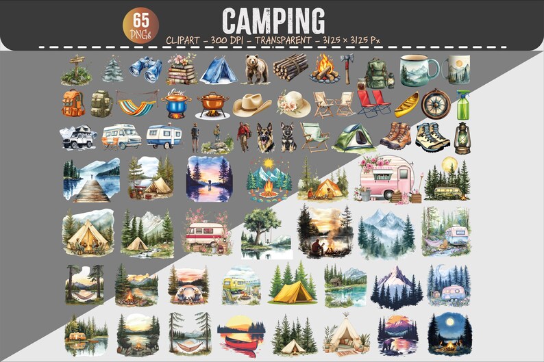 Camping Clipart Bundle Outdoor Adventure PNG Set Tents Campfire Hiking ...