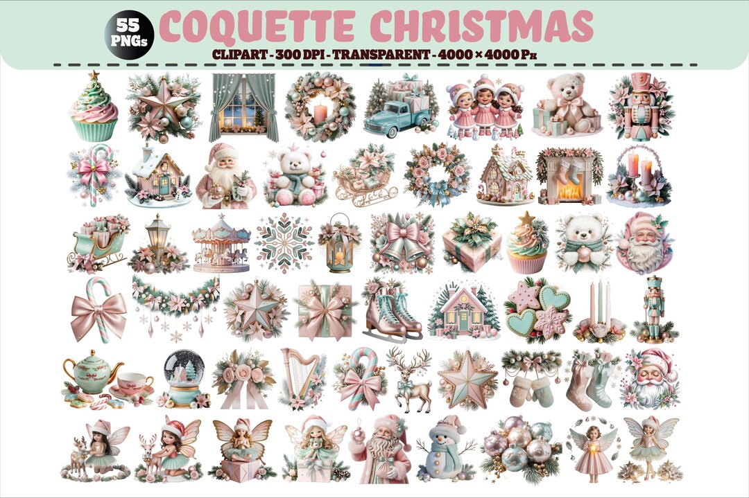 Coquette Christmas Clipart Bundle Pastel Holiday PNG Set 55 Designs ...