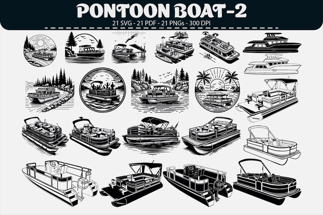 Pontoon Boat SVG Bundle: Engraving Style Nautical Clipart (digital ...