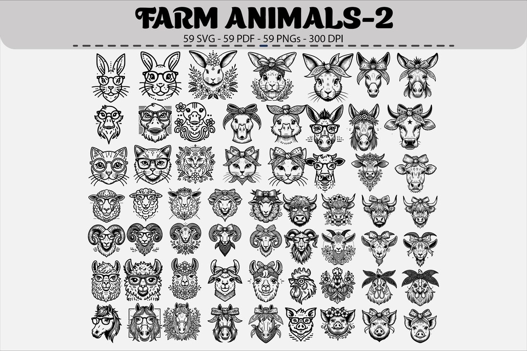 Farm Animal Head Vectors: 59 SVG PNG PDF Illustrations (digital ...