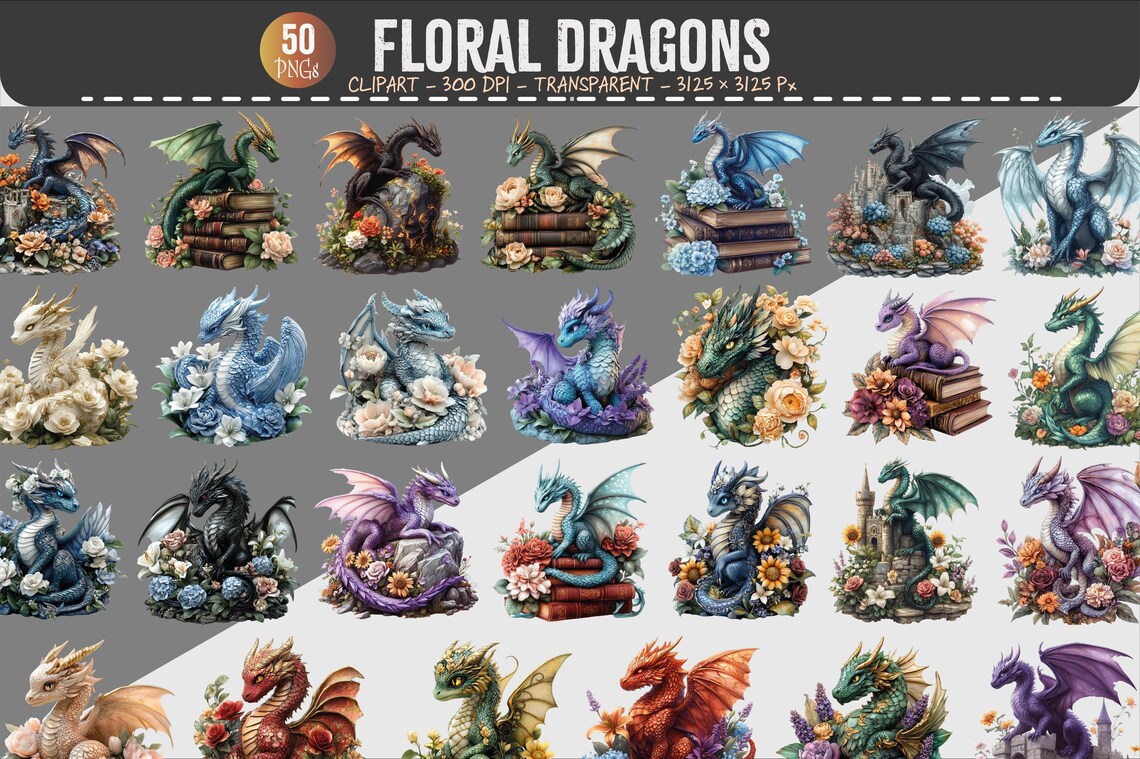 Floral Dragon Clipart Bundle Fantasy Dragons PNG Set Botanical Mythical ...