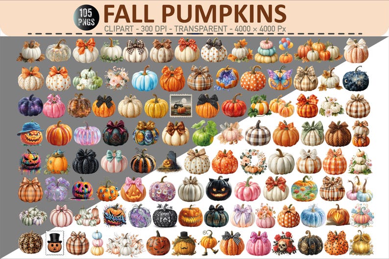 Fall Pumpkins Clipart Bundle PNG Set 105 Designs 300 DPI - Etsy