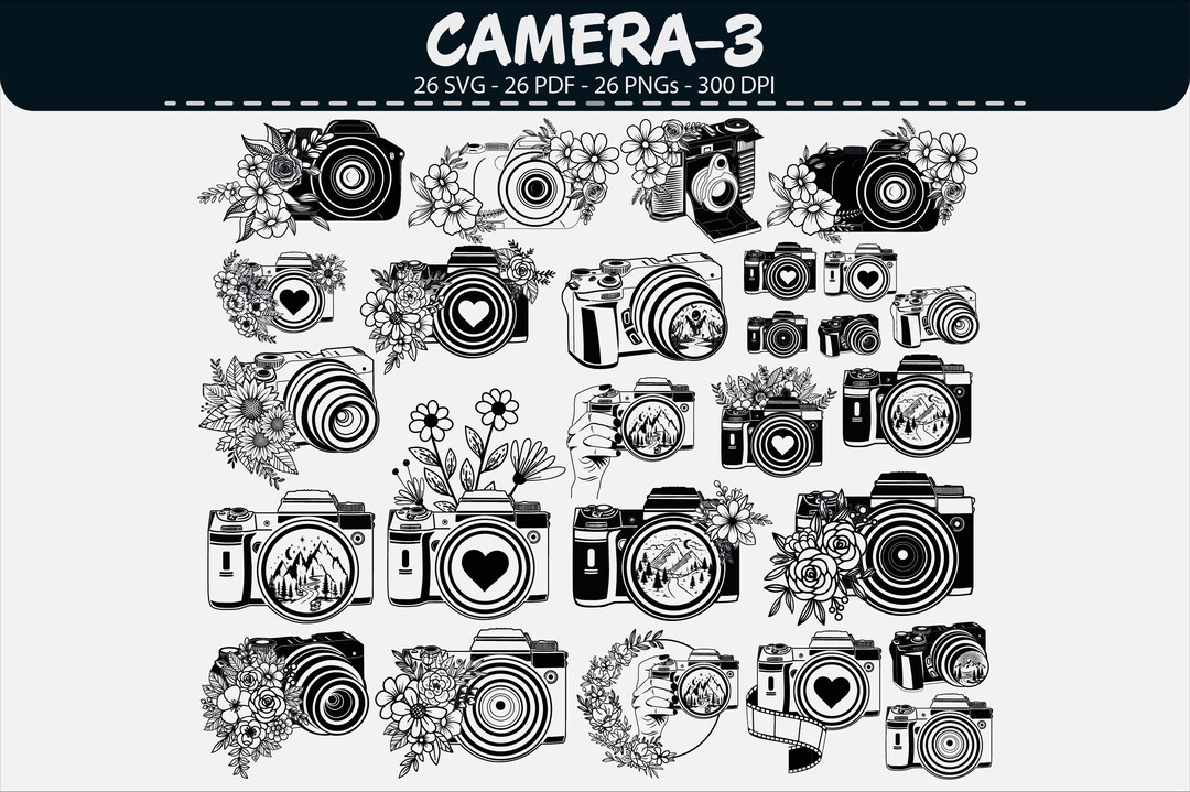 Camera Floral Clipart Bundle 26 SVG PNG PDF Photographer Designs for ...