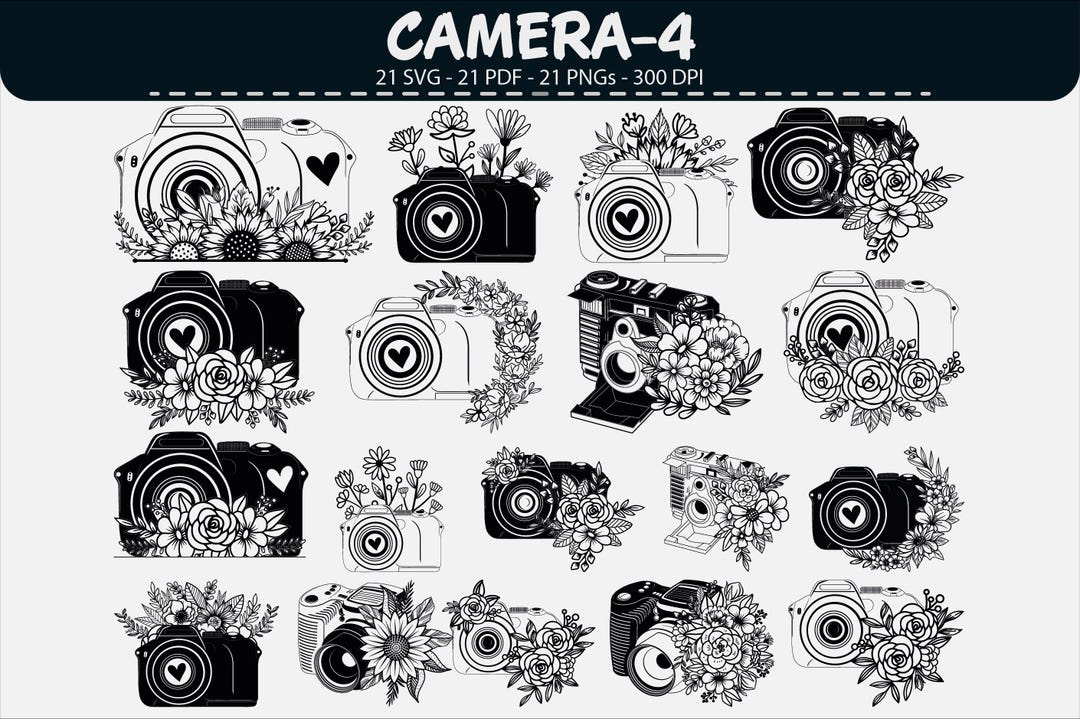 Floral Photographer Camera Clipart Bundle 21 SVG PNG PDF Designs for ...