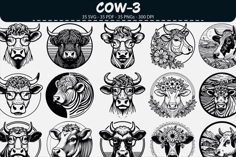 Cow SVG Bundle | Vintage Cow Head & Floral Bull Set | Farm Animal ...