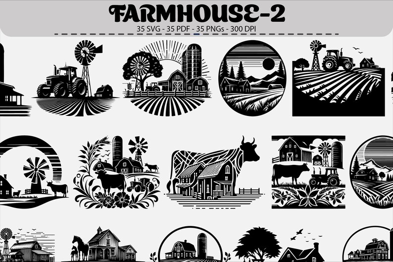 Farmhouse SVG Set – 35 Rustic Farm Clipart, Barn Silhouette Cut Files ...