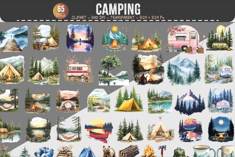 Camping Clipart Bundle Outdoor Adventure PNG Set Tents Campfire Hiking ...