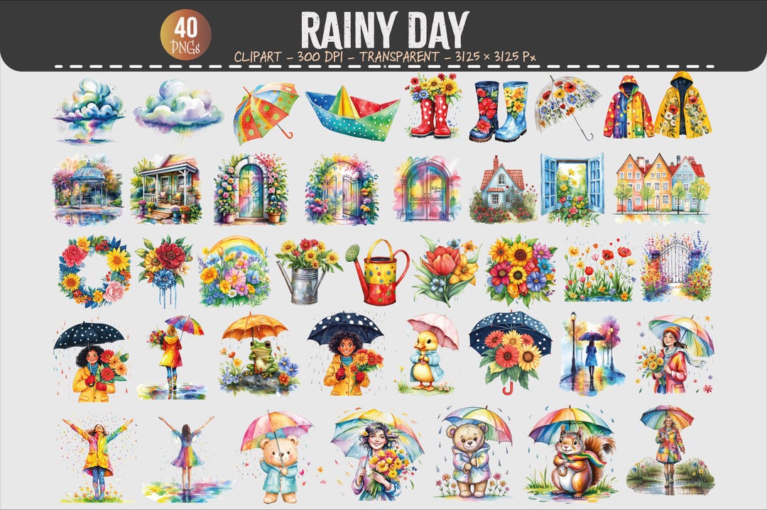 Rainy Day Watercolor Clipart Bundle Flowers Umbrellas Kids PNG Set - Etsy
