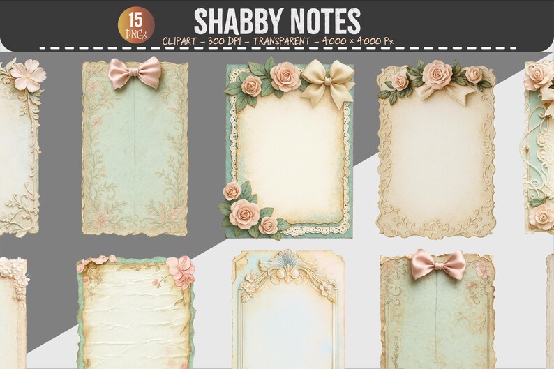 Shabby Chic Notes Clipart | Floral Frames & Bows (15 Pngs) - Etsy