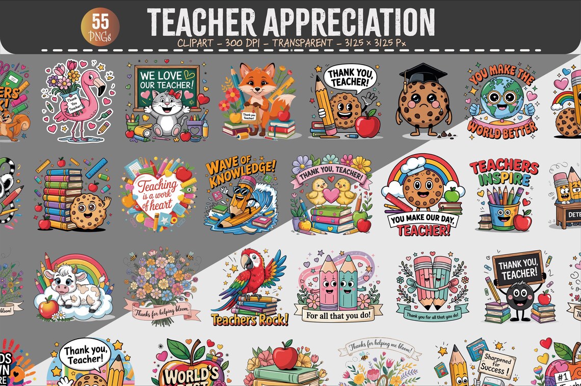 Teacher Appreciation Clipart Bundle – 55 PNG Teacher Thanks Quote Set ...