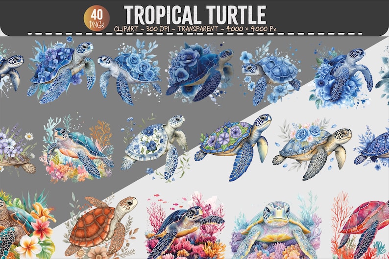 Tropical Turtle Clipart Bundle Watercolor Sea Turtle PNG Set Ocean ...