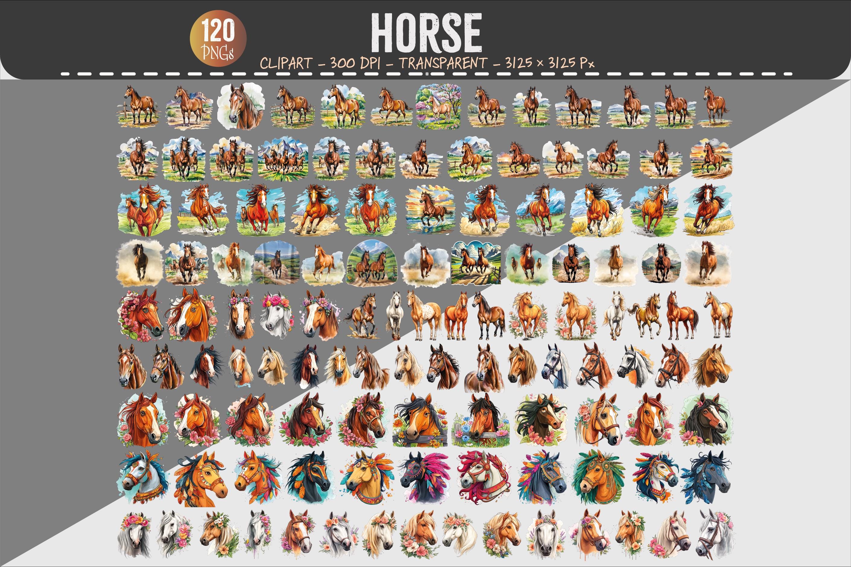 Horse Clipart Bundle | 120 PNG Wild Horses & Floral Horses | 300 DPI ...