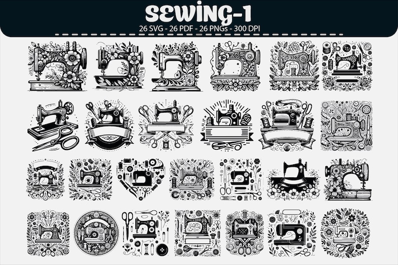 Vintage Sewing Machine Clipart: Engraving Style Designs (SVG, PNG, PDF ...