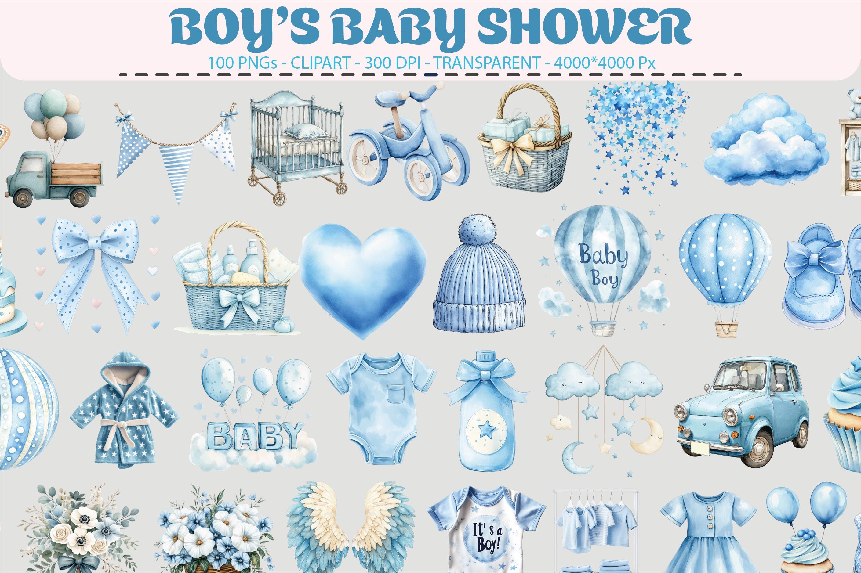 Boy’s Baby Shower Clipart Bundle – 100 Blue Watercolor Pngs (digital ...