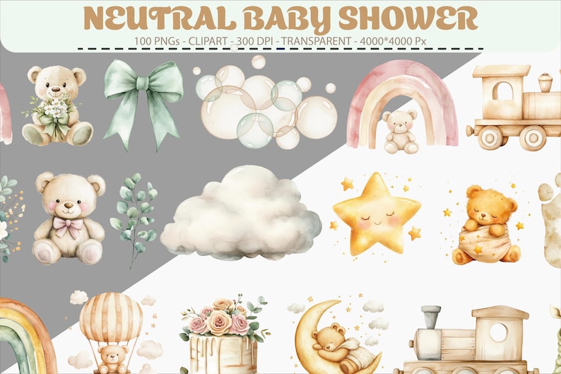 Neutral Baby Shower Clipart Bundle Baby Animals PNG Set 300 DPI - Etsy