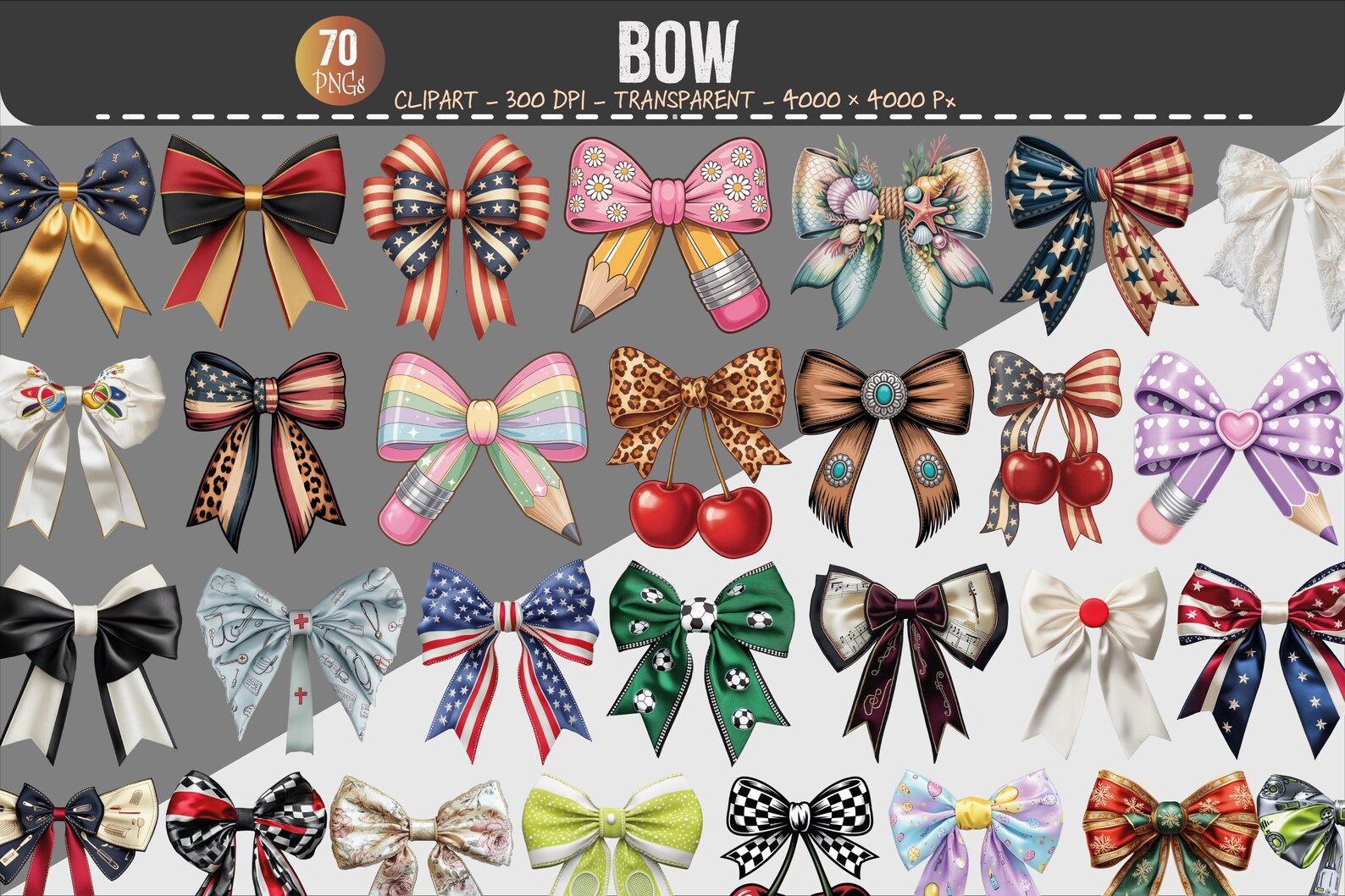 Bow Clipart Bundle | 70 Pngs | Fashion Ribbons, Patterned Bows ...