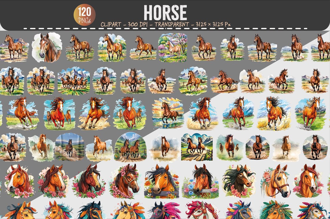 Horse Clipart Bundle | 120 PNG Wild Horses & Floral Horses | 300 DPI ...