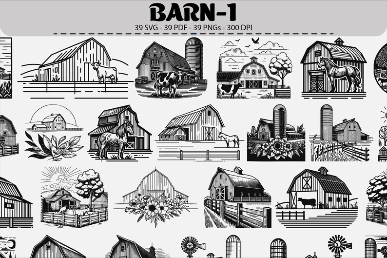 Rustic Barn Clipart Bundle: Vintage Farmhouse Illustrations (SVG, PNG ...