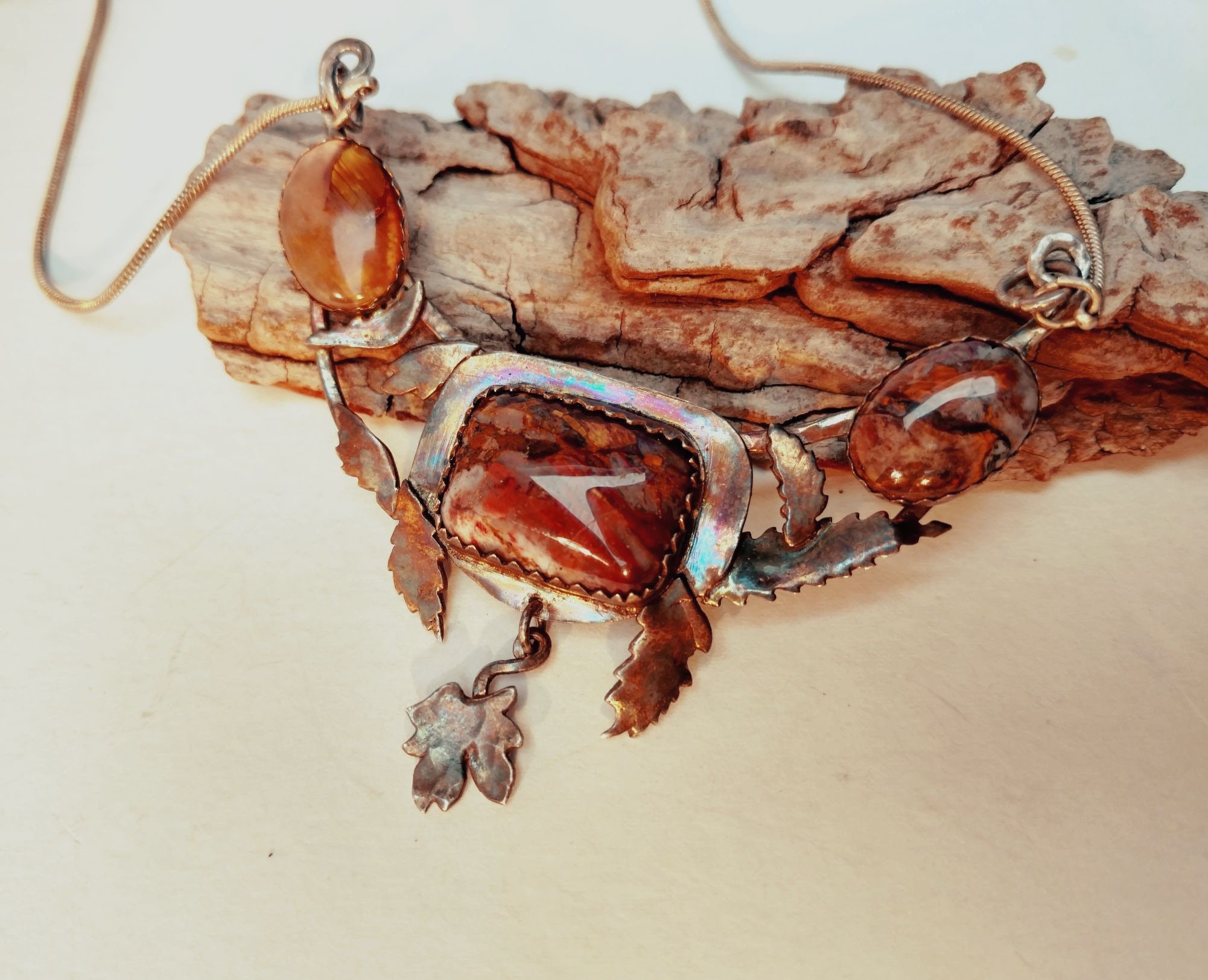 Rustic Necklace, Red Rusty Pietersite, Oxidized Silver, Fallen Leaves ...
