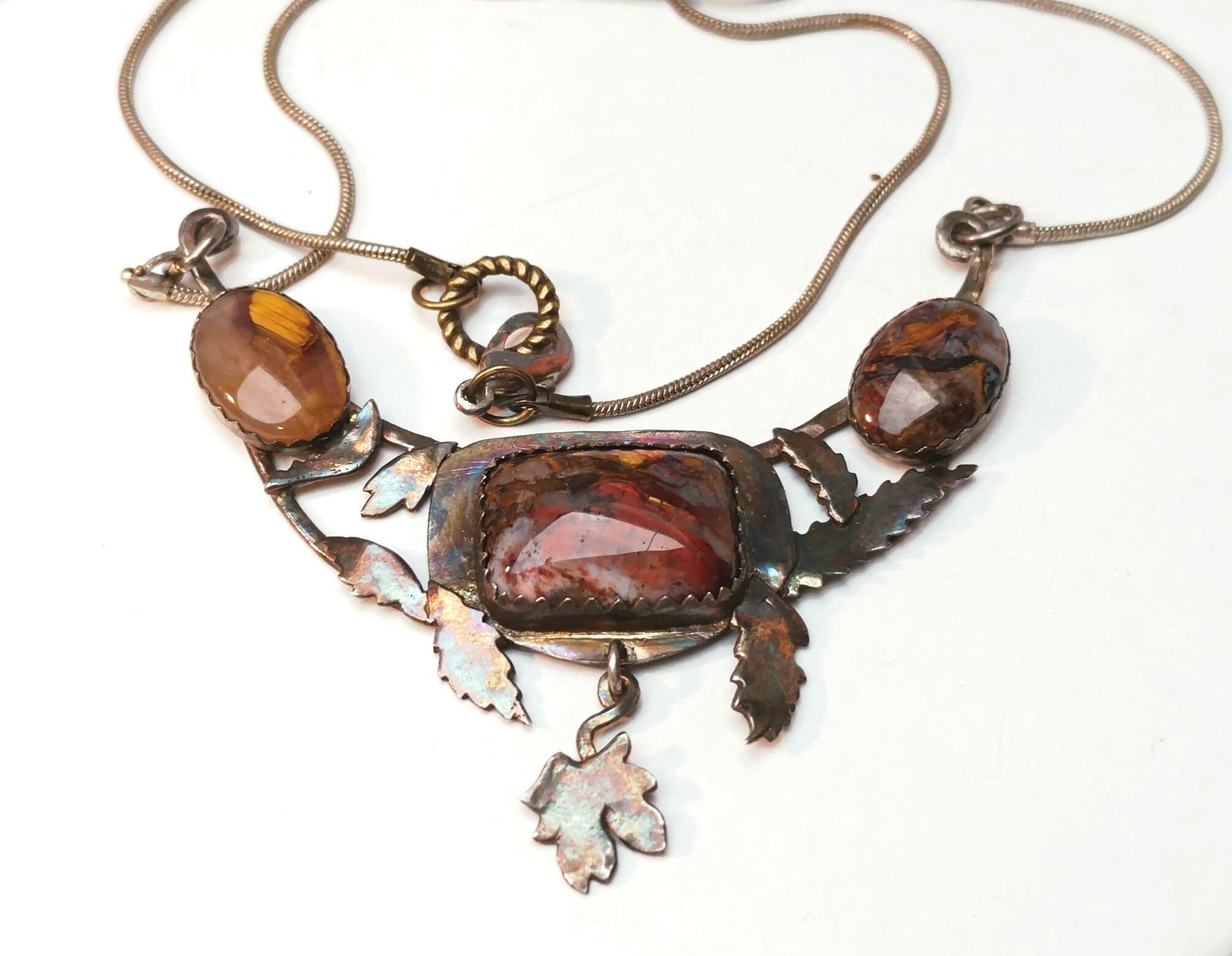 Rustic Necklace, Red Rusty Pietersite, Oxidized Silver, Fallen Leaves ...