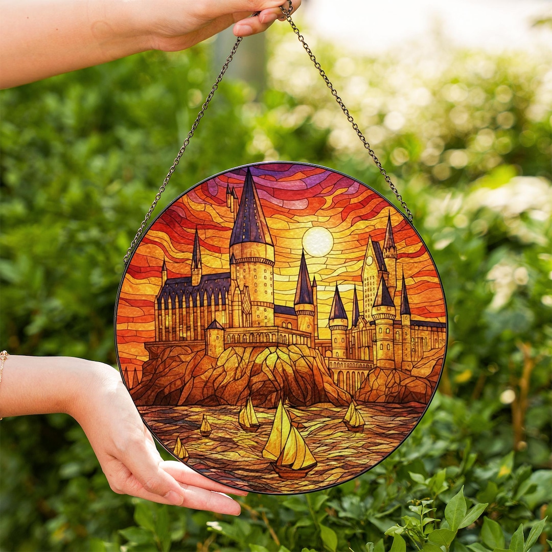Wizard School Stained Glass Suncatcher, Enchanted Castle Window Hanging ...