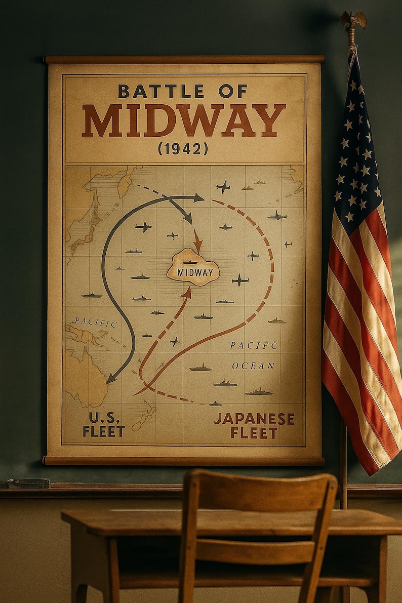 Battle of Midway WWII Map Poster – Vintage Infographic Wall Art | World ...